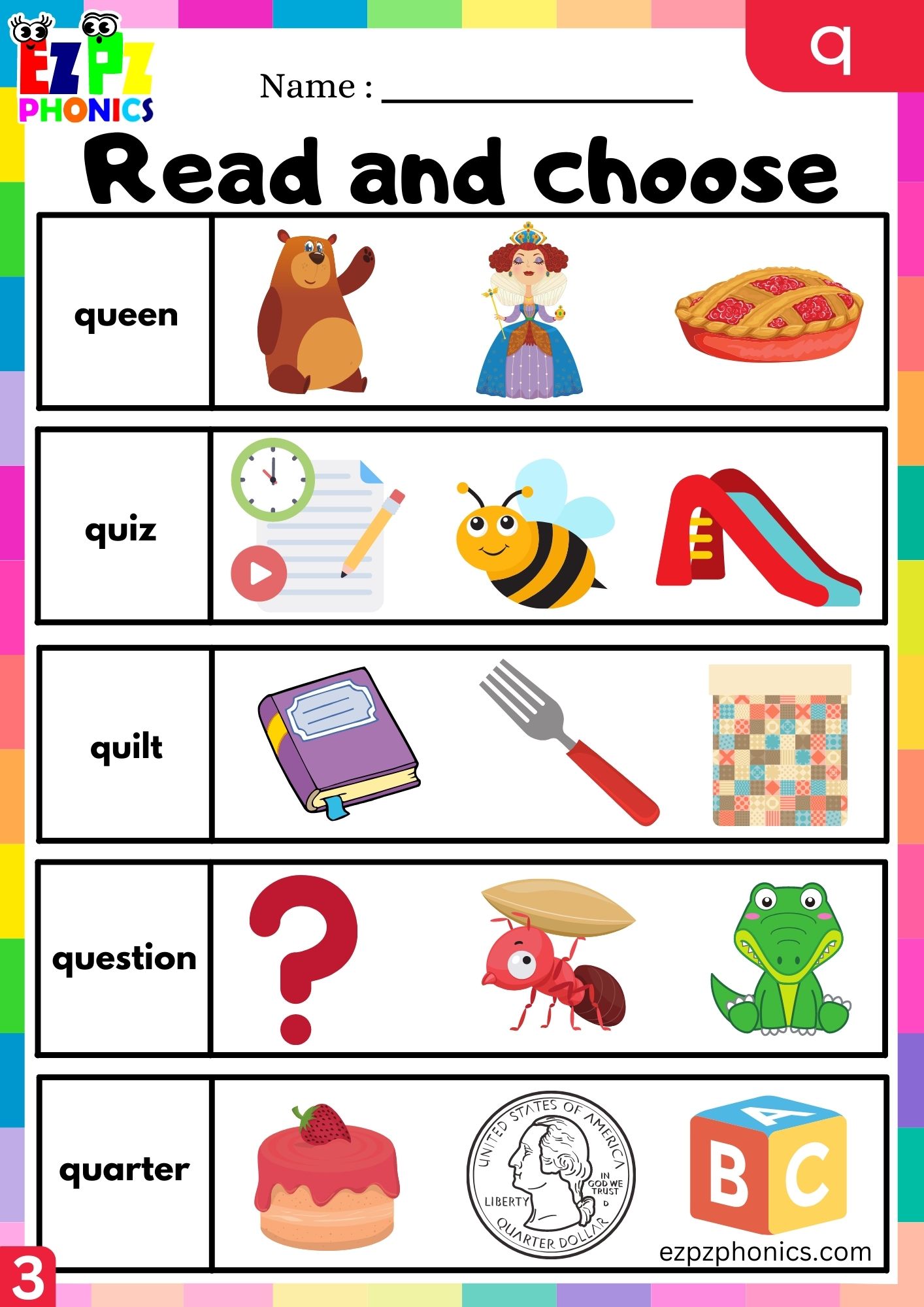 Letter q Read and Choose the Correct Images Group 3 - ezpzphonics.com